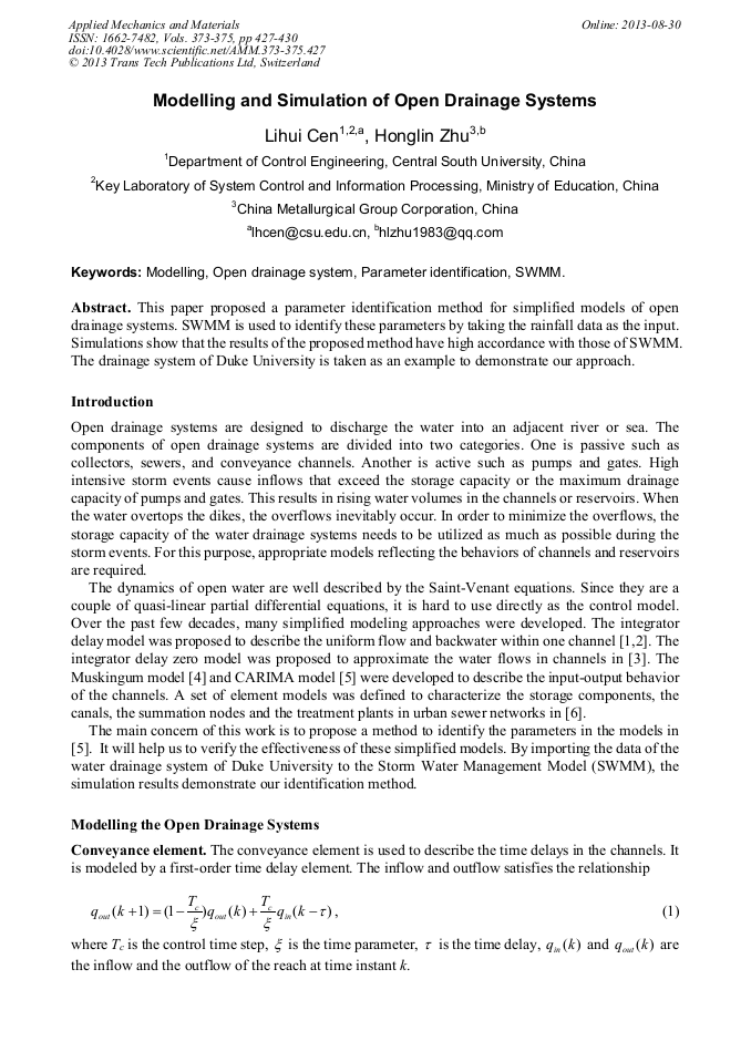 Modelling and Simulation of Open Drainage Systems | Scientific.Net