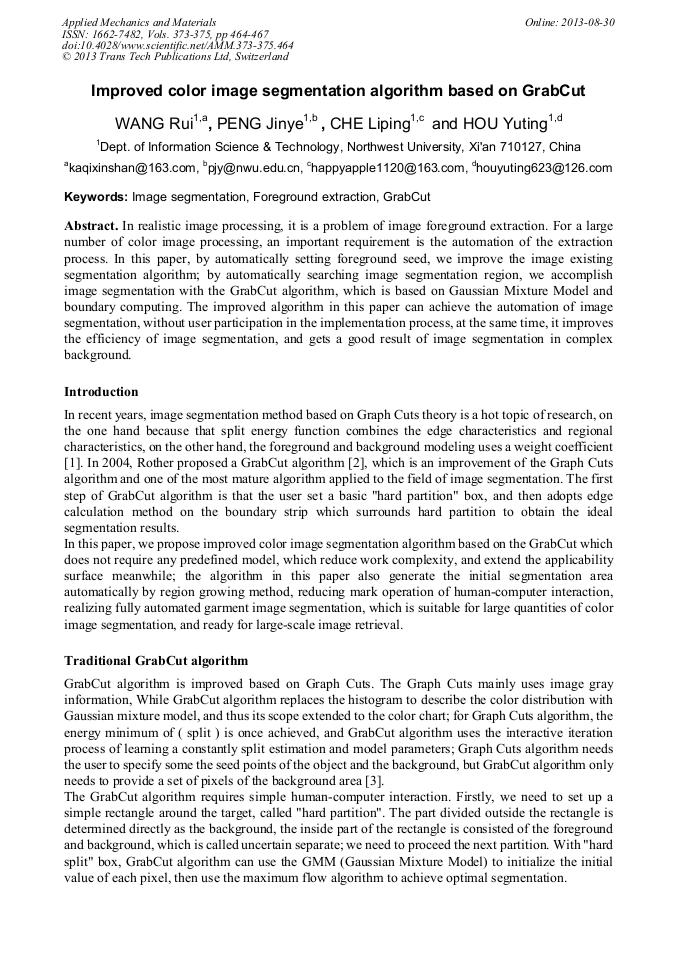 Improved Color Image Segmentation Algorithm Based on GrabCut | Scientific.Net