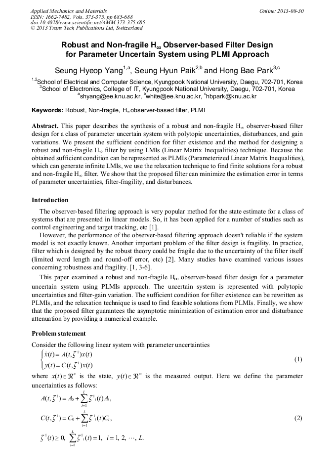 Robust and Non-Fragile H∞ Observer-Based Filter Design for Parameter Uncertain System Using PLMI ...