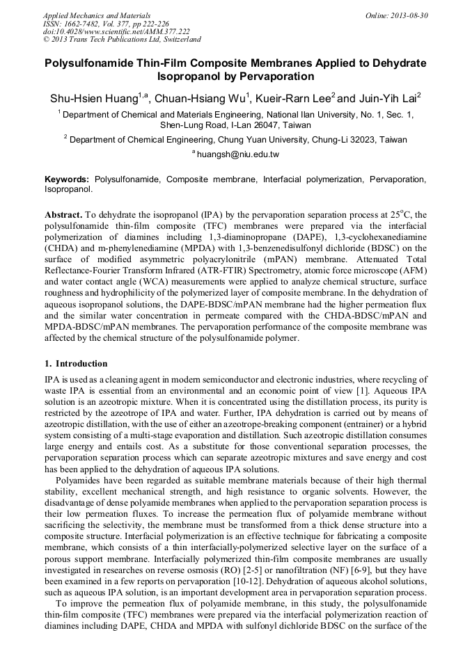 Polysulfonamide Thin-Film Composite Membranes Applied to Dehydrate ...