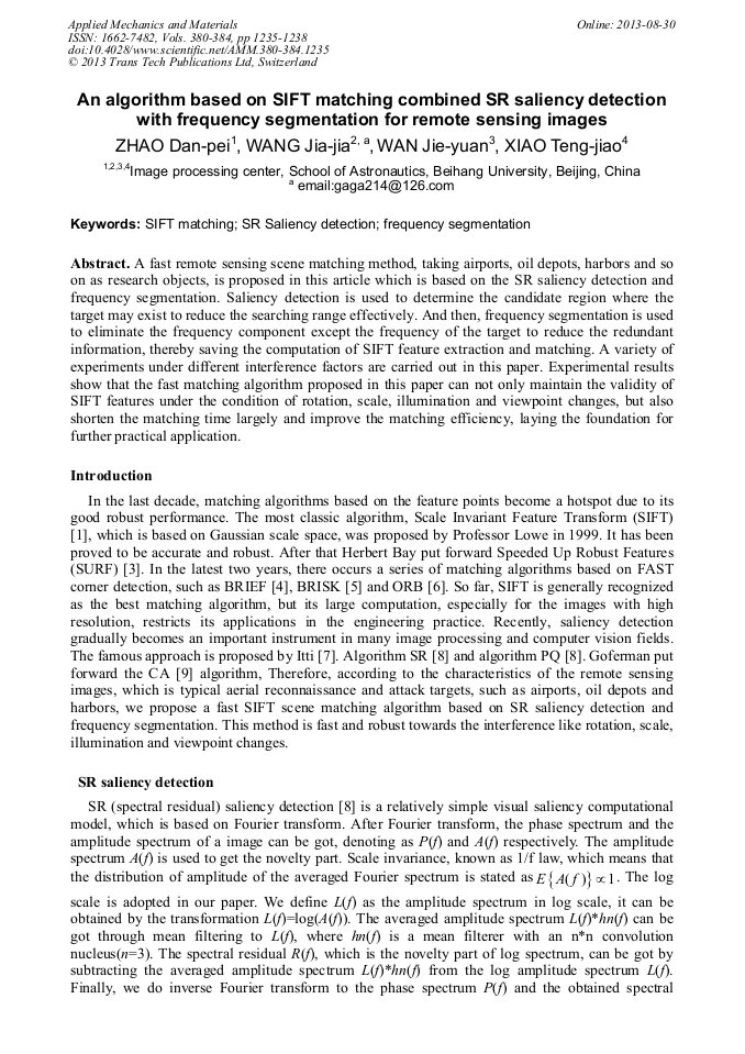 An Algorithm Based on SIFT Matching Combined SR Saliency Detection with Frequency Segmentation ...