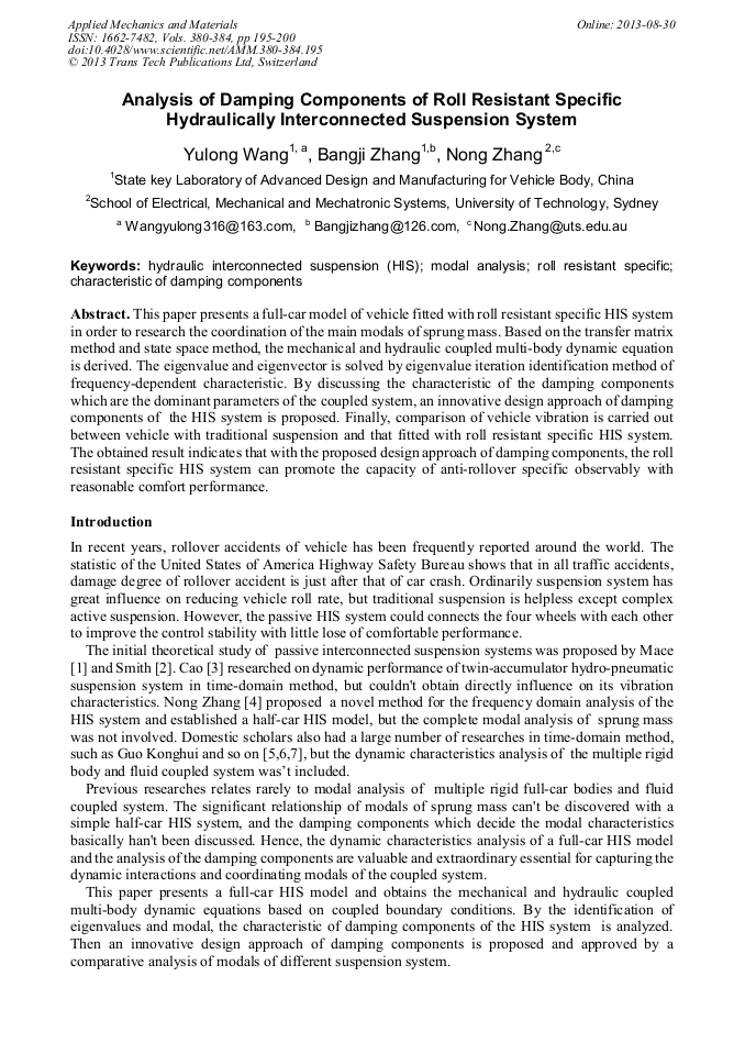 Analysis of Damping Components of Roll Resistant Specific Hydraulically ...