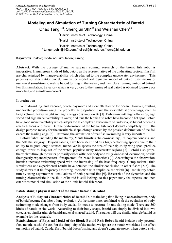 Modeling and Simulation of Turning Characteristic of Batoid ...