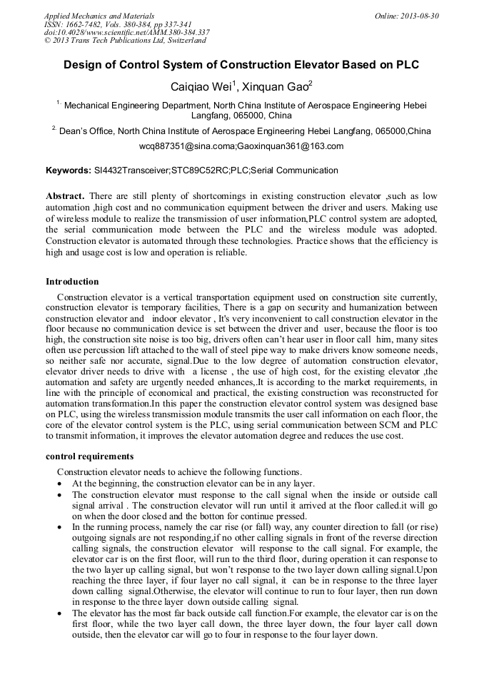 Design of Control System of Construction Elevator Based on PLC ...