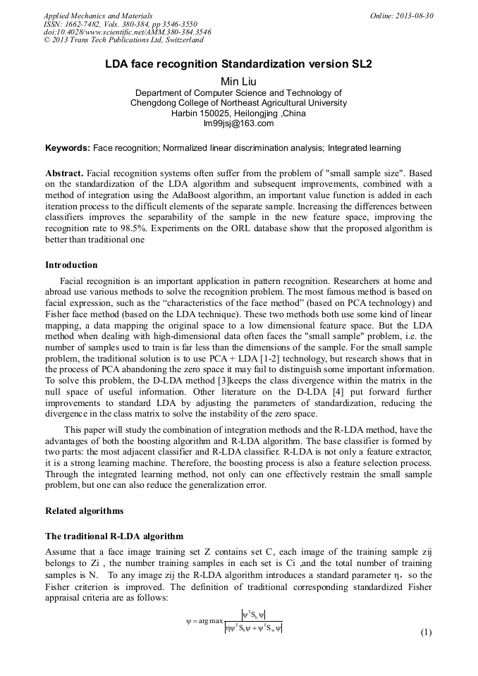 LDA Face Recognition Standardization Version SL2 | Scientific.Net
