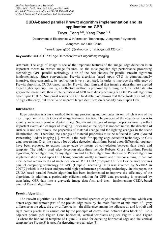 CUDA-Based Parallel Prewitt Algorithm Implementation and its Application on GPR | Scientific.Net