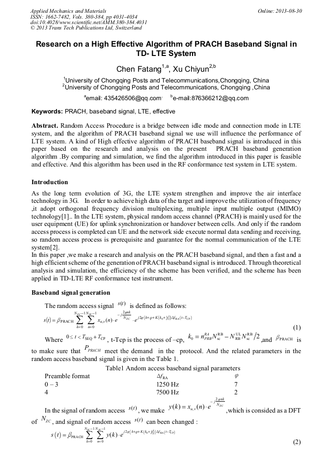 Research on a High Effective Algorithm of PRACH Baseband Signal in TD ...