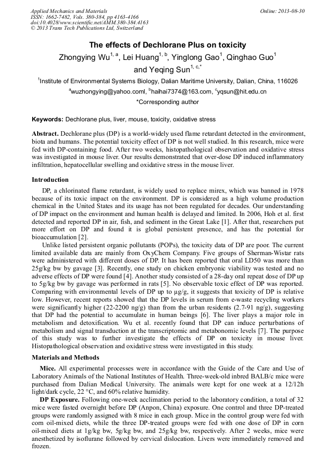 The Effects of Dechlorane Plus on Toxicity | Scientific.Net