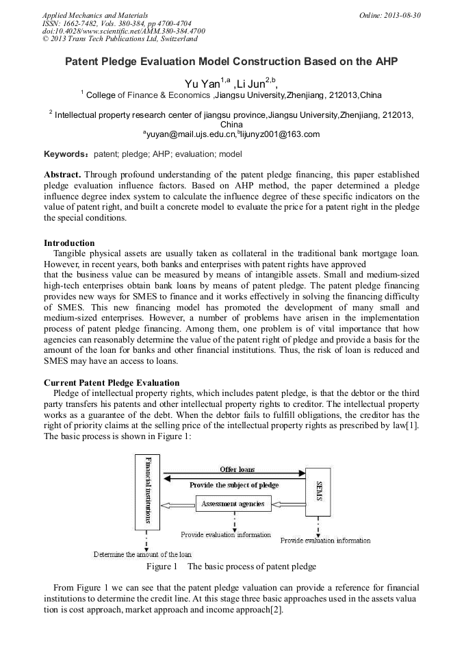 Patent Pledge Evaluation Model Construction Based on the AHP ...