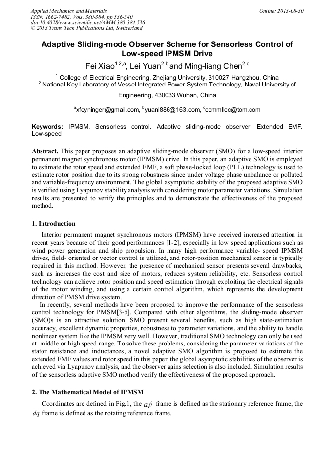 Adaptive Sliding-Mode Observer Scheme for Sensorless Control of Low-Speed IPMSM Drive ...
