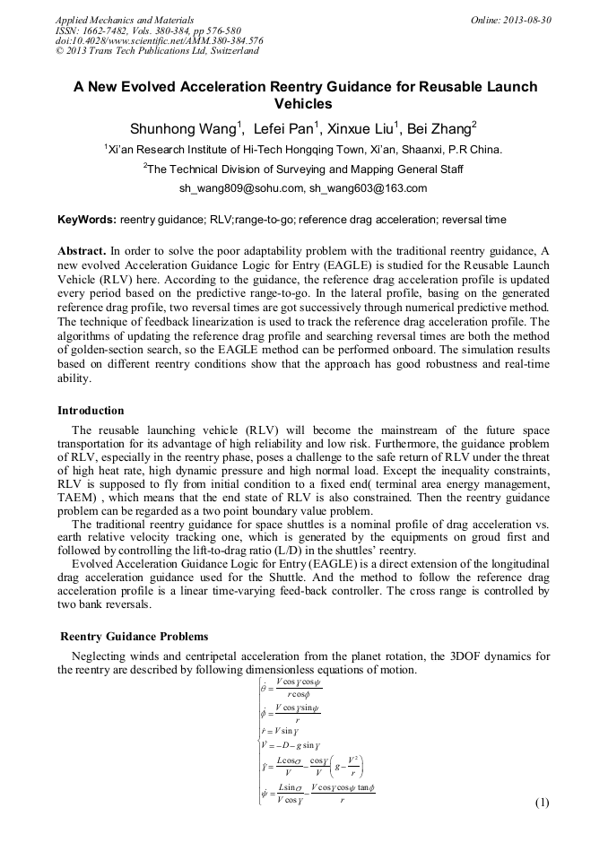 A New Evolved Acceleration Reentry Guidance for Reusable Launch ...