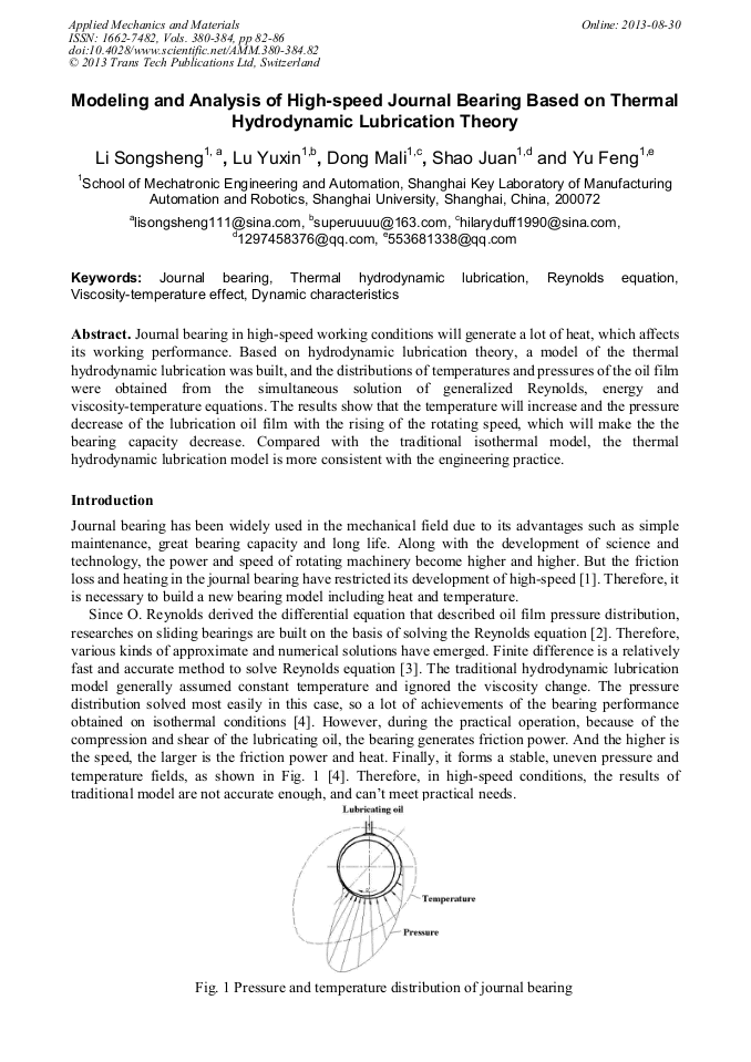 Modeling and Analysis of High-Speed Journal Bearing Based on Thermal ...