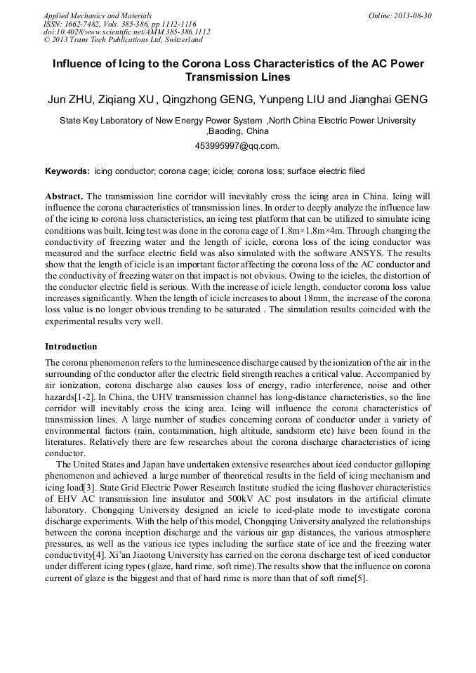 Influence of Icing to the Corona Loss Characteristics of the AC Power ...