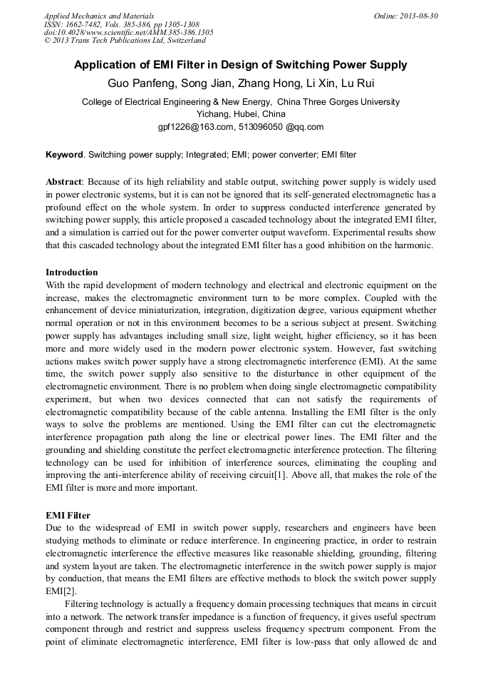 Application of EMI Filter in Design of Switching Power Supply ...