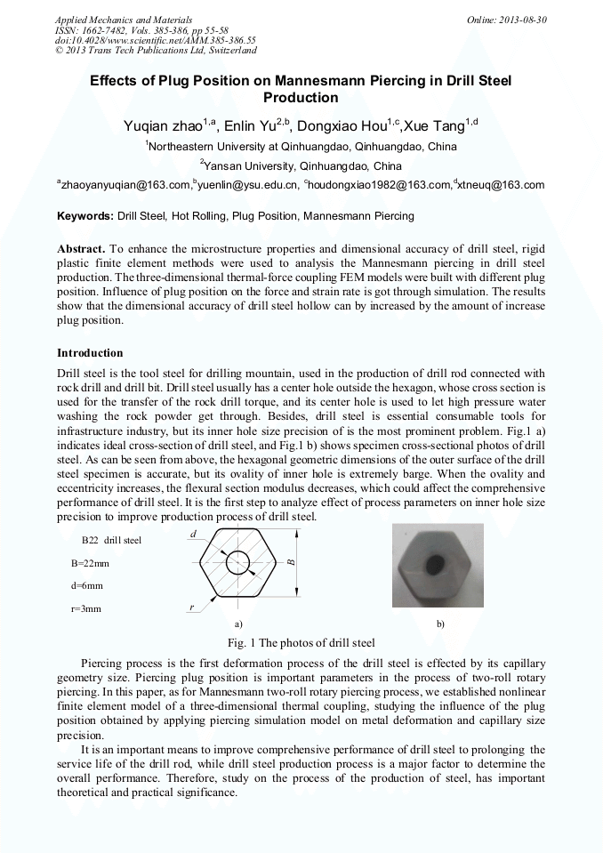 Effects of Plug Position on Mannesmann Piercing in Drill Steel ...