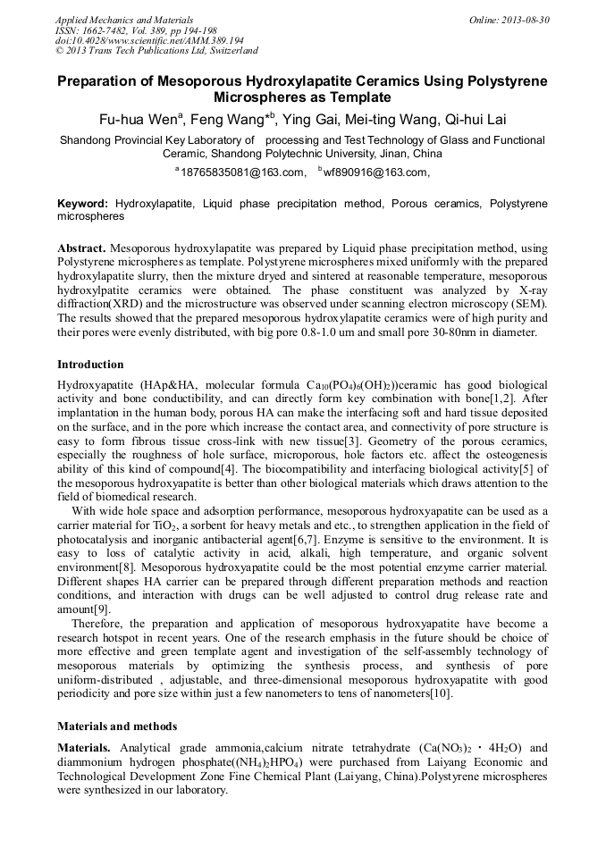 Preparation of Mesoporous Hydroxylapatite Ceramics Using Polystyrene ...