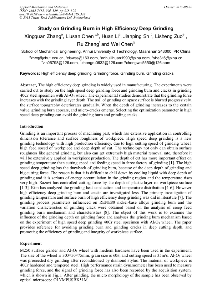 Study on Grinding Burn in High Efficiency Deep Grinding | Scientific.Net