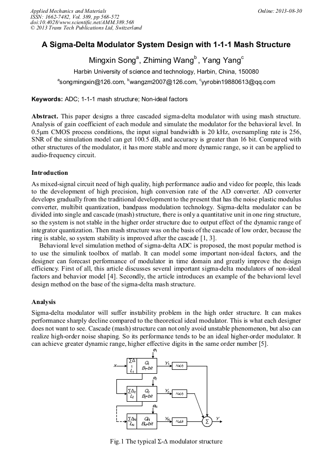A Sigma-Delta Modulator System Design with 1-1-1 Mash Structure ...