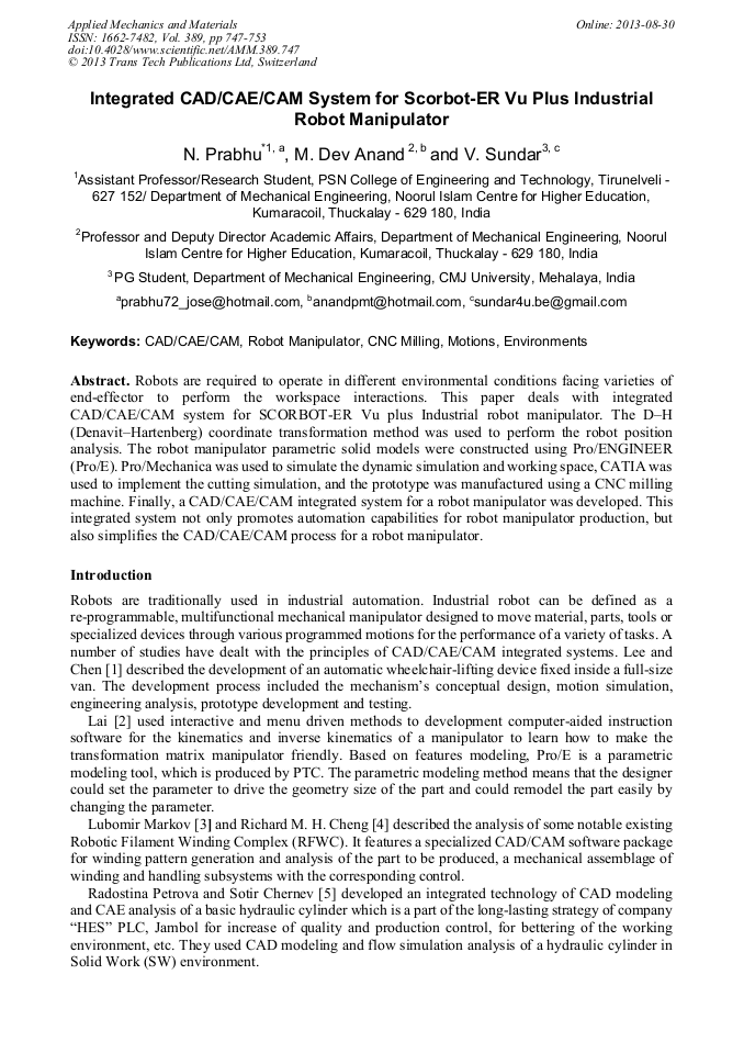 Integrated CAD/CAE/CAM System for Scorbot-ER Vu Plus Industrial Robot ...