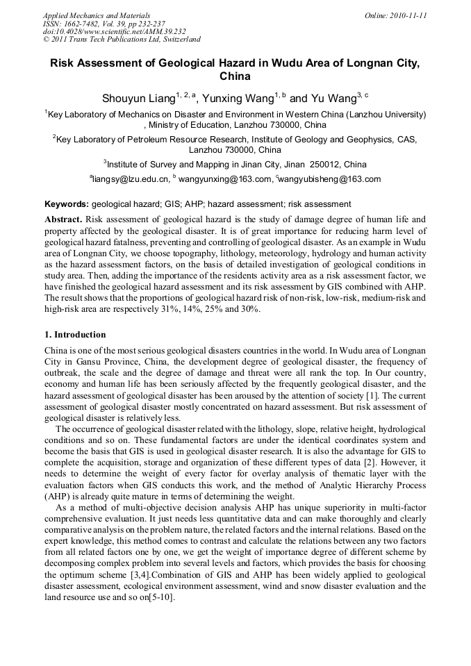 Risk Assessment of Geological Hazard in Wudu Area of Longnan City ...