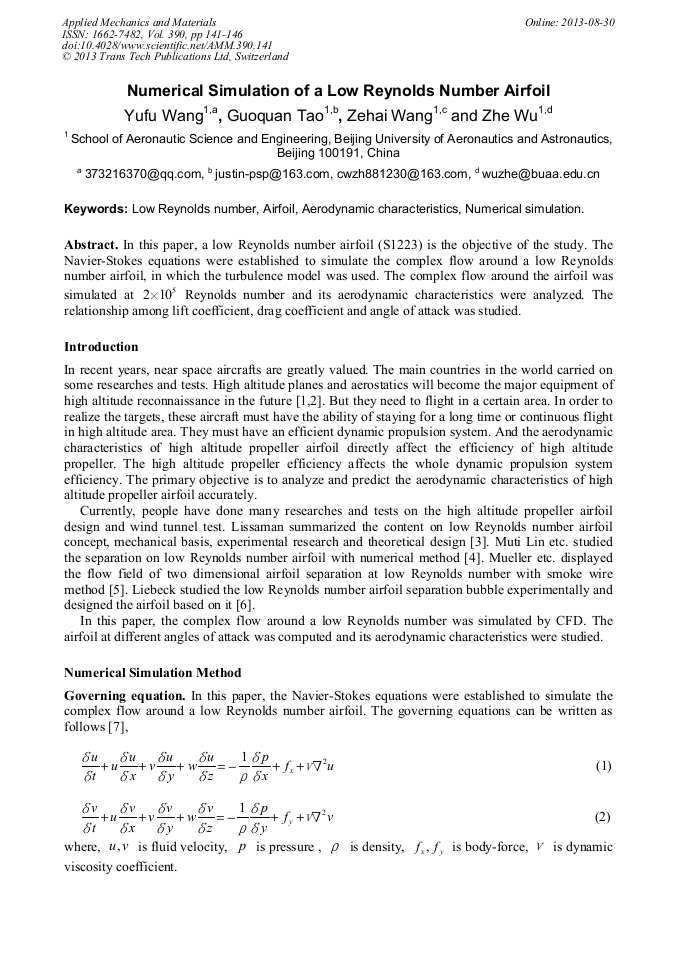 Numerical Simulation of a Low Reynolds Number Airfoil | Scientific.Net