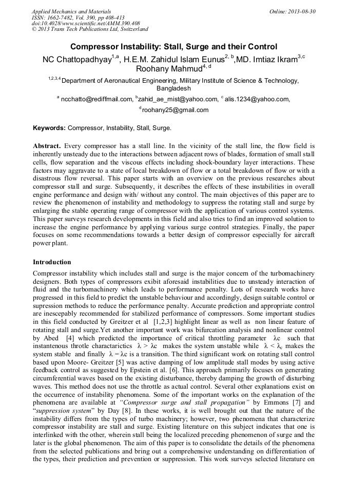 Compressor Instability: Stall, Surge and their Control | Scientific.Net
