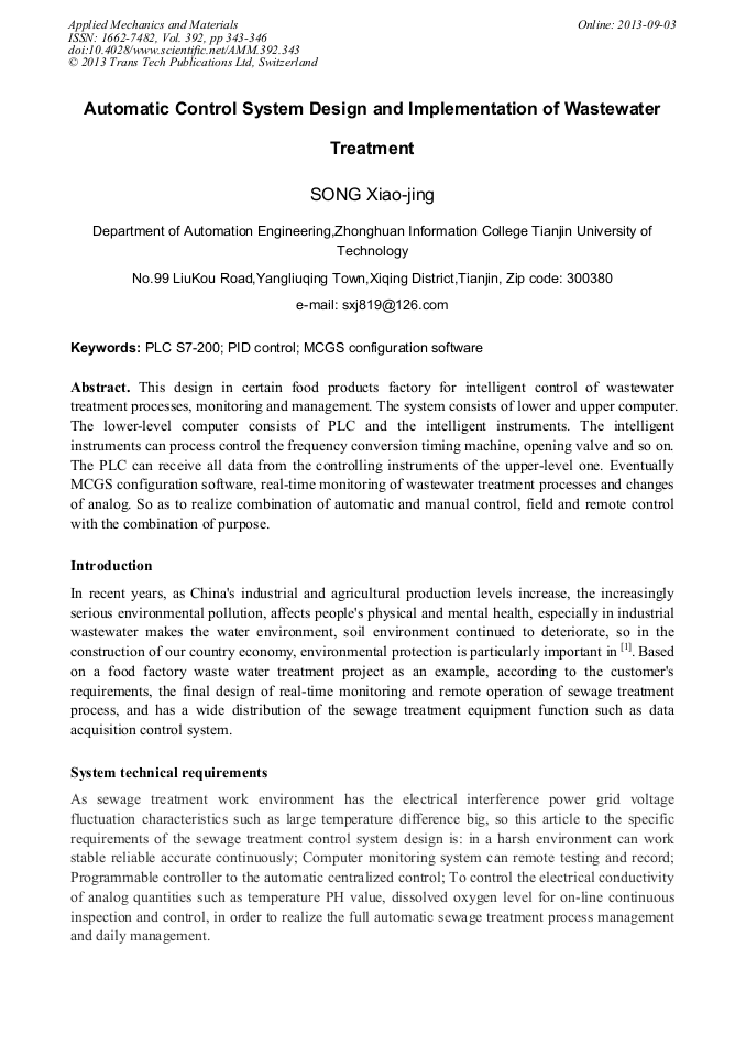 Automatic Control System Design and Implementation of Wastewater ...
