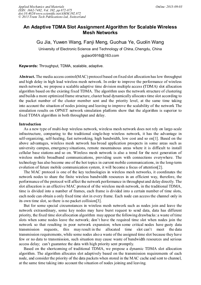 An Adaptive Tdma Slot Assignment Algorithm For Scalable Wireless Mesh Networks Scientificnet