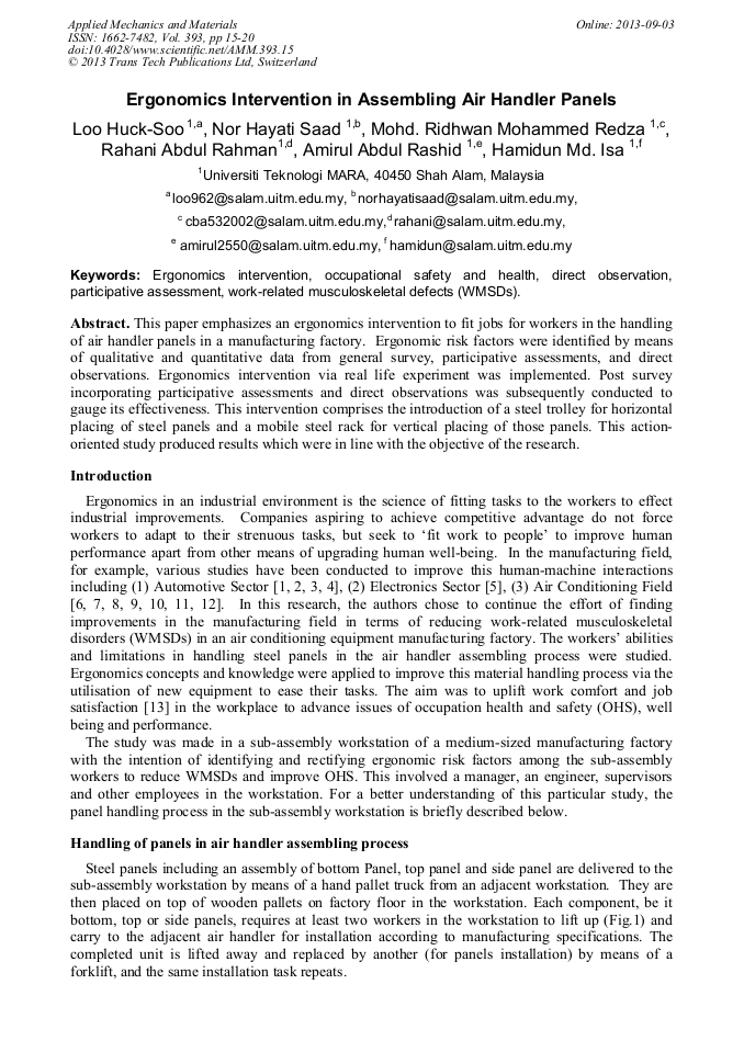Ergonomics Intervention in Assembling Air Handler Panels | Scientific.Net