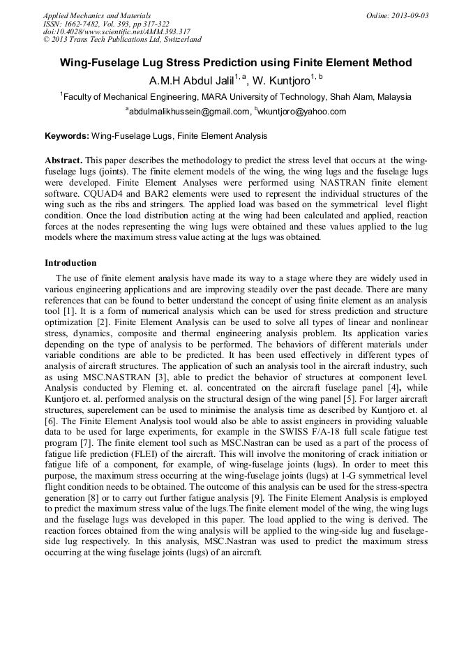 Wing-Fuselage Lug Stress Prediction Using Finite Element Method ...