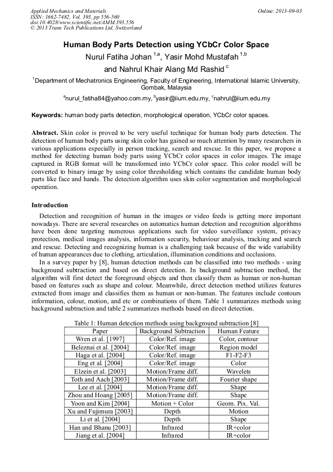 Human Body Parts Detection Using YCbCr Color Space | Scientific.Net