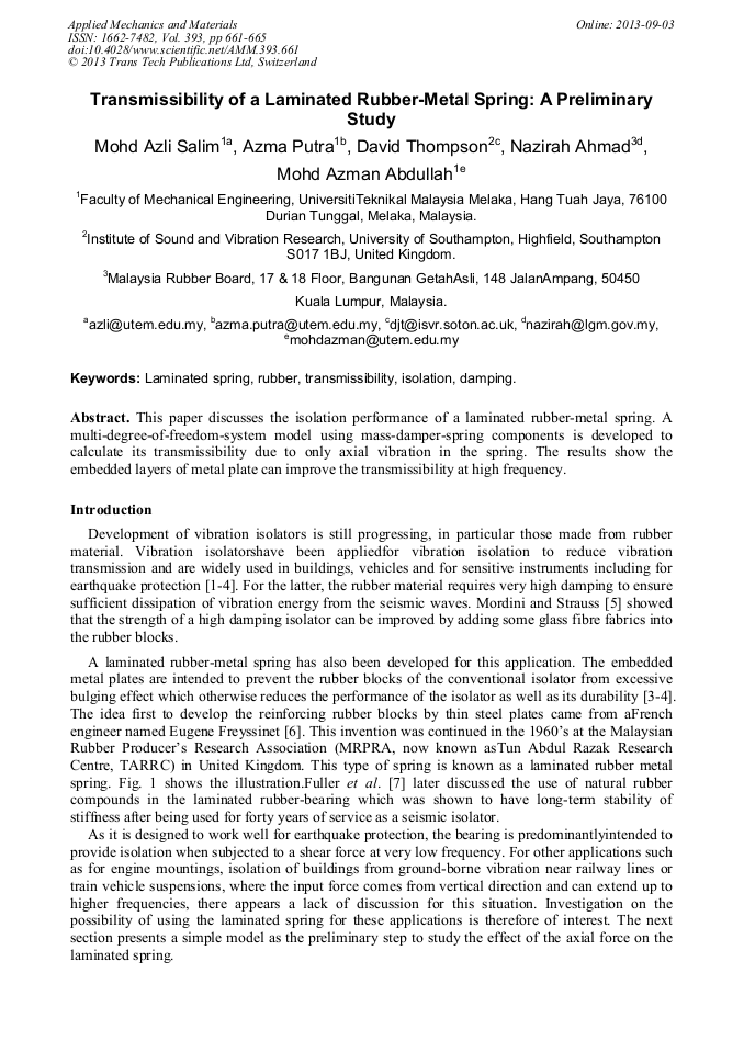Transmissibility of a Laminated Rubber-Metal Spring: A Preliminary ...