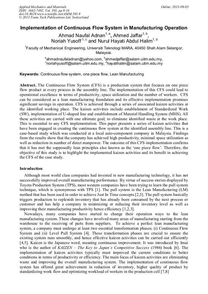 Implementation of Continuous Flow System in Manufacturing Operation ...