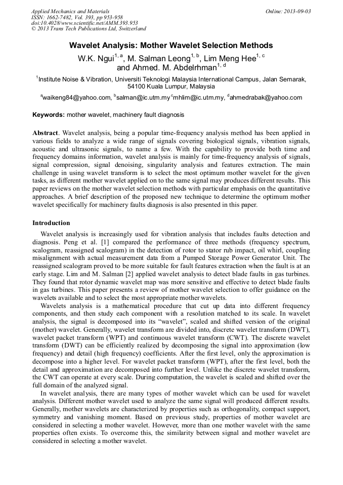 Wavelet Analysis: Mother Wavelet Selection Methods | Scientific.Net
