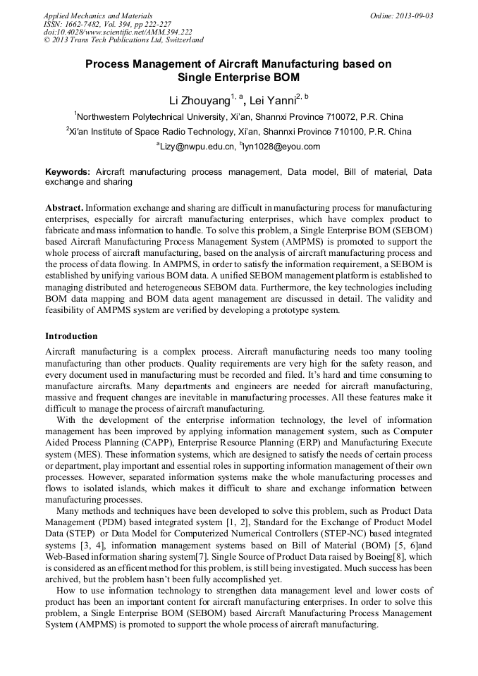 Process Management of Aircraft Manufacturing Based on Single Enterprise ...