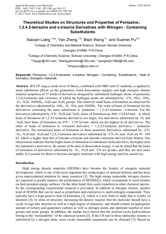 Theoretical Studies on Structures and Properties of Pentazine,1,2,4,5 ...