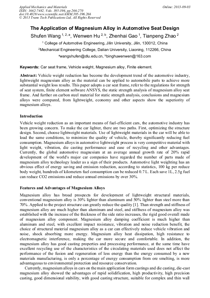 The Application of Magnesium Alloy in Automotive Seat Design ...