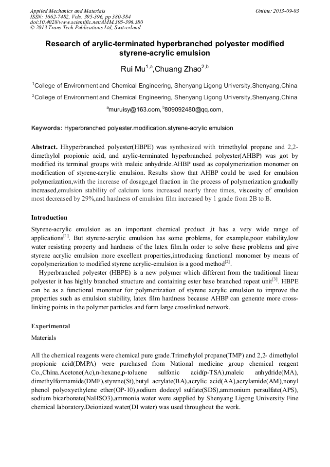 Research of Arylic-Terminated Hyperbranched Polyester Modified Styrene ...