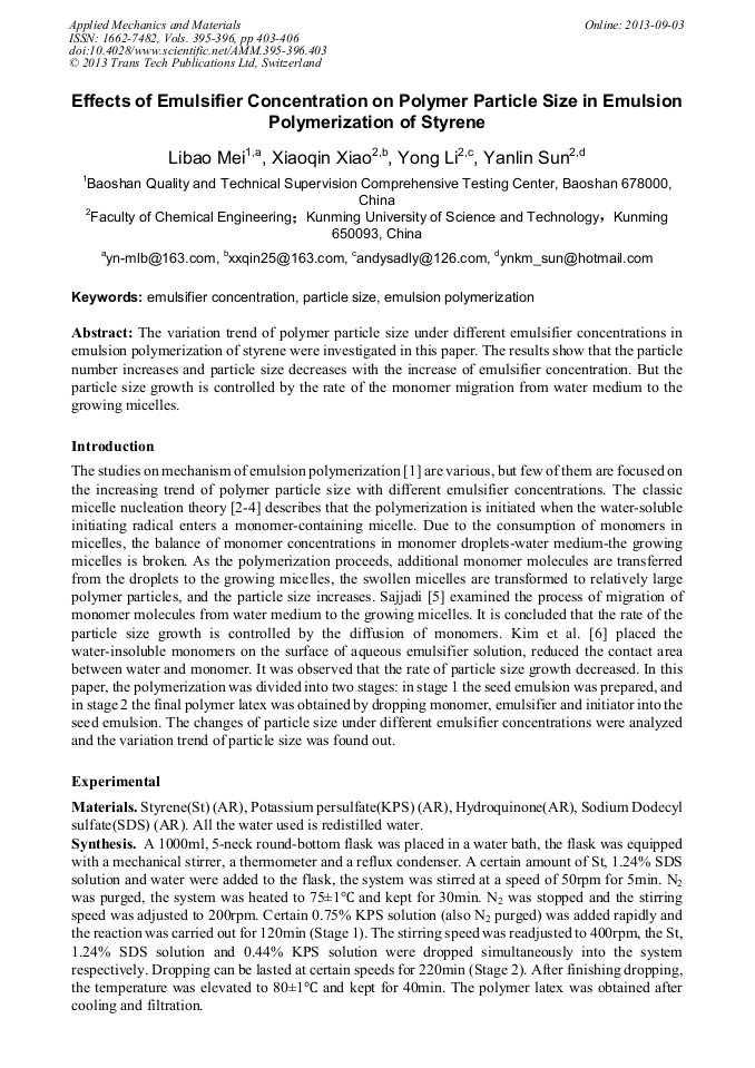 Effects of Emulsifier Concentration on Polymer Particle Size in ...
