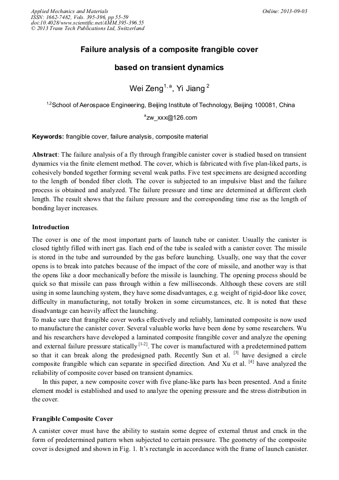 Failure Analysis of a Composite Frangible Cover Based on Transient ...
