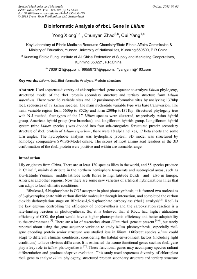 Bioinformatic Analysis of rbcL Gene in Lilium | Scientific.Net