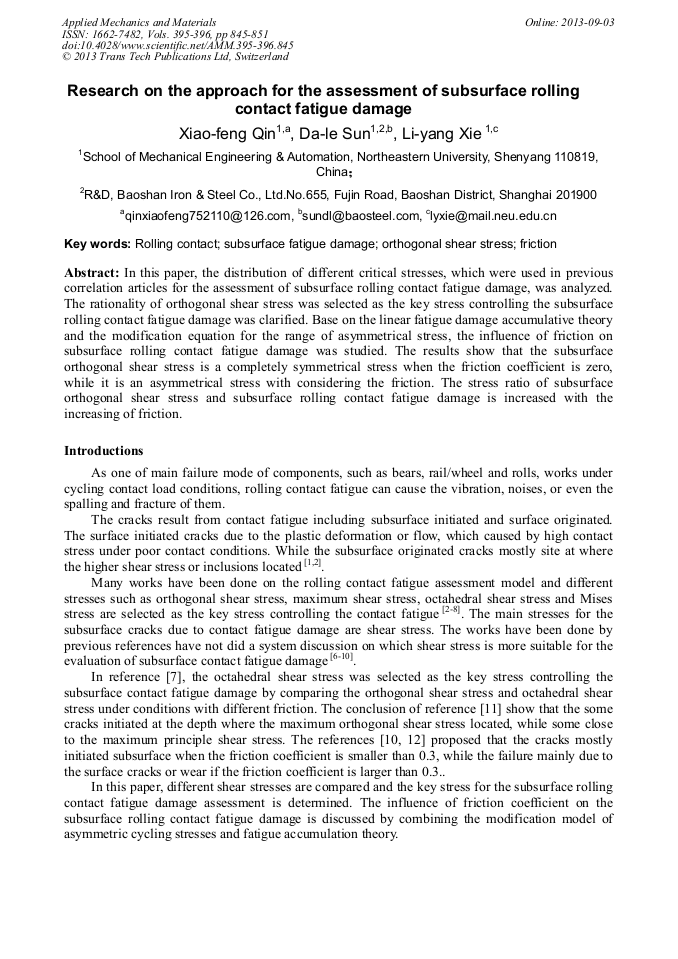 Research on the Approach for the Assessment of Subsurface Rolling ...