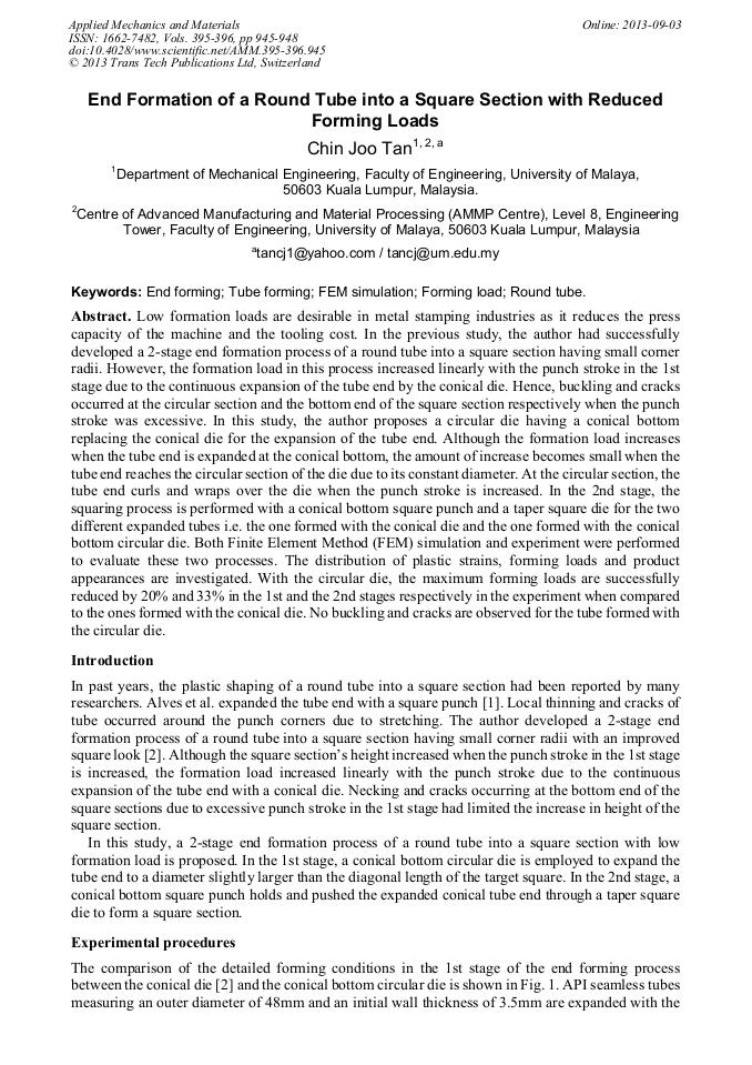 End Formation of a Round Tube into a Square Section with Reduced ...