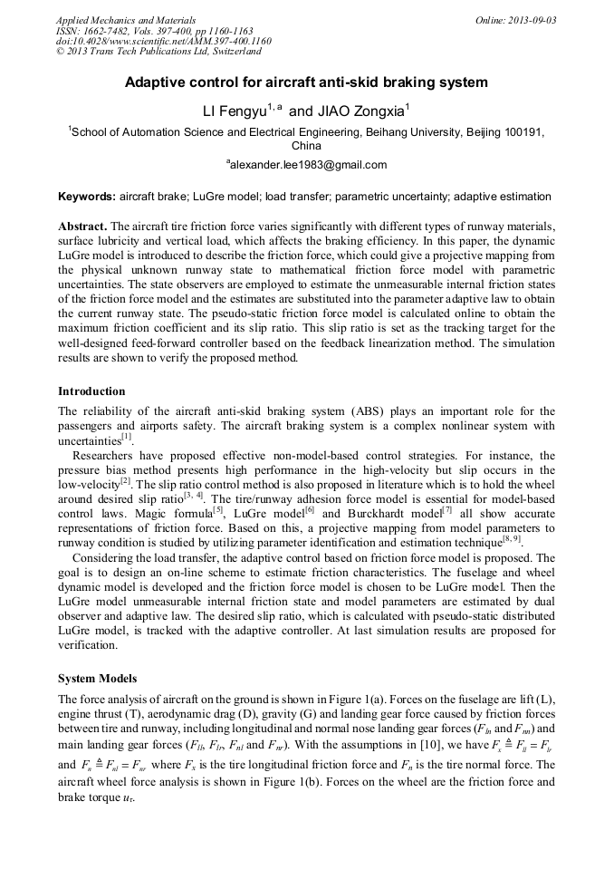 Adaptive Control for Aircraft Anti-Skid Braking System | Scientific.Net