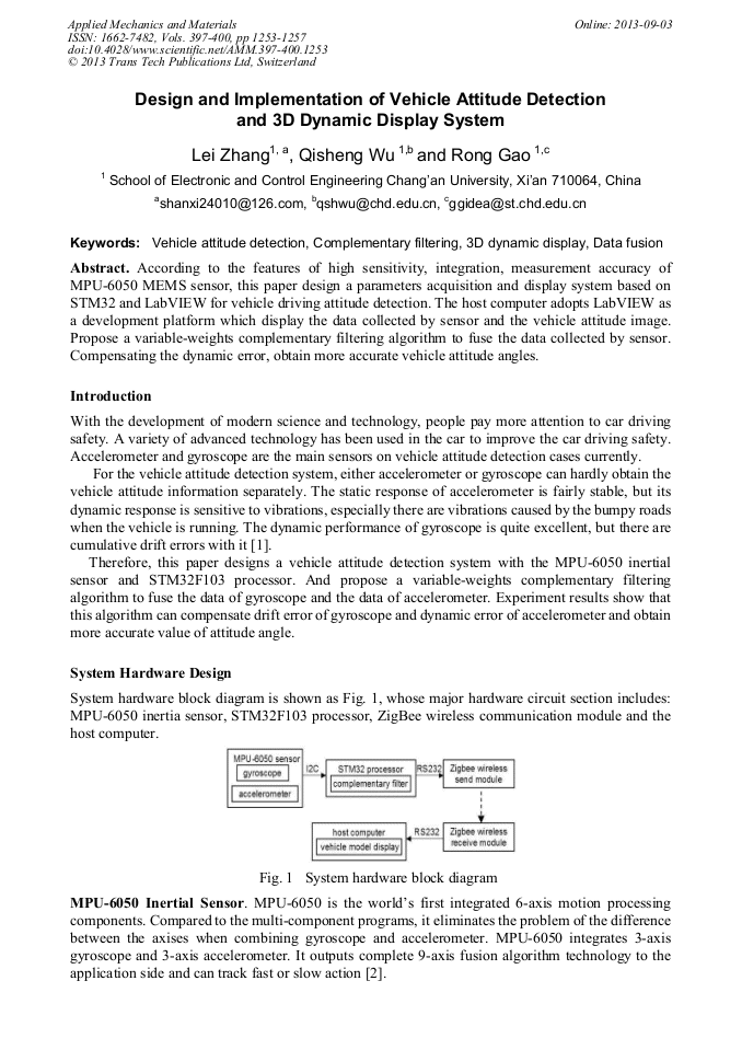 Design and Implementation of Vehicle Attitude Detection and 3D Dynamic ...