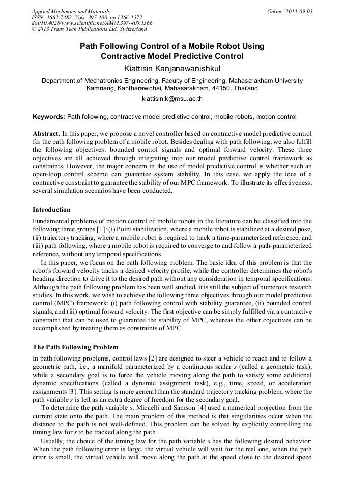 Path Following Control of a Mobile Robot Using Contractive Model Predictive Control | Scientific.Net