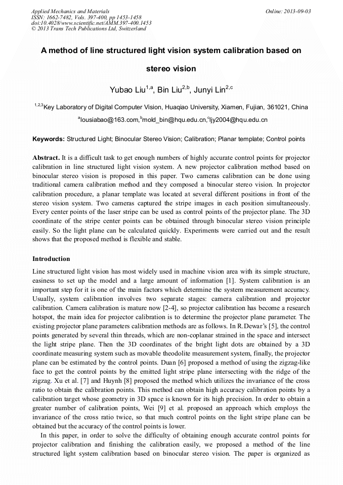 A Method Of Line Structured Light Vision System Calibration Based On