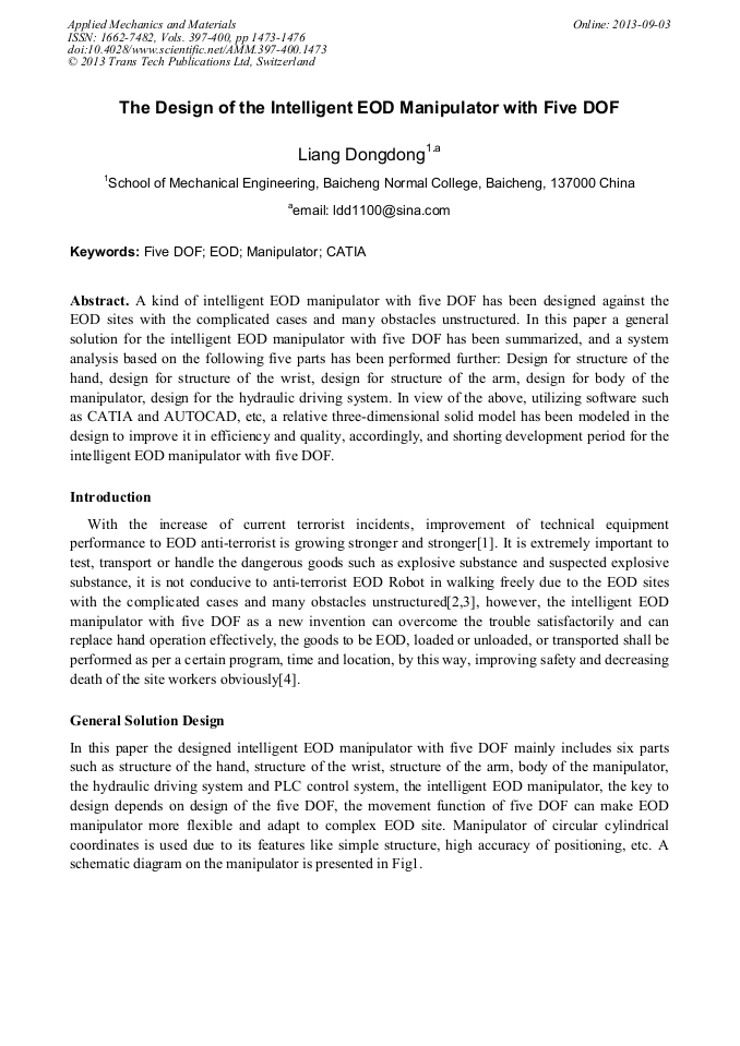 The Design of the Intelligent EOD Manipulator with Five DOF ...