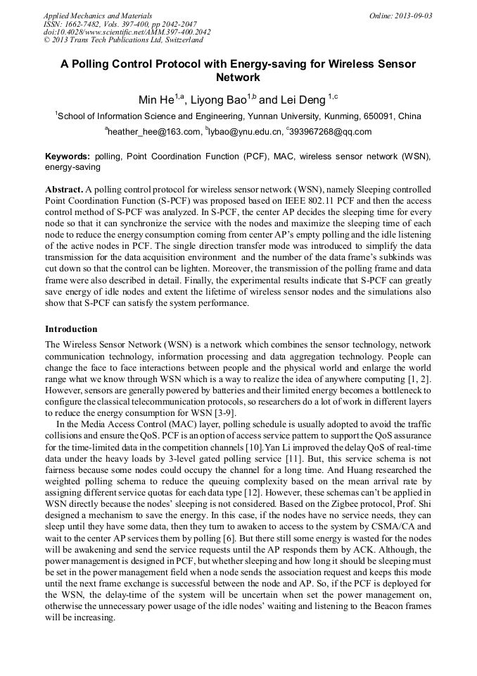 A Polling Control Protocol with Energy-Saving for Wireless Sensor Network | Scientific.Net