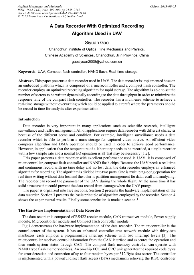 A Data Recorder with Optimized Recording Algorithm Used in UAV ...